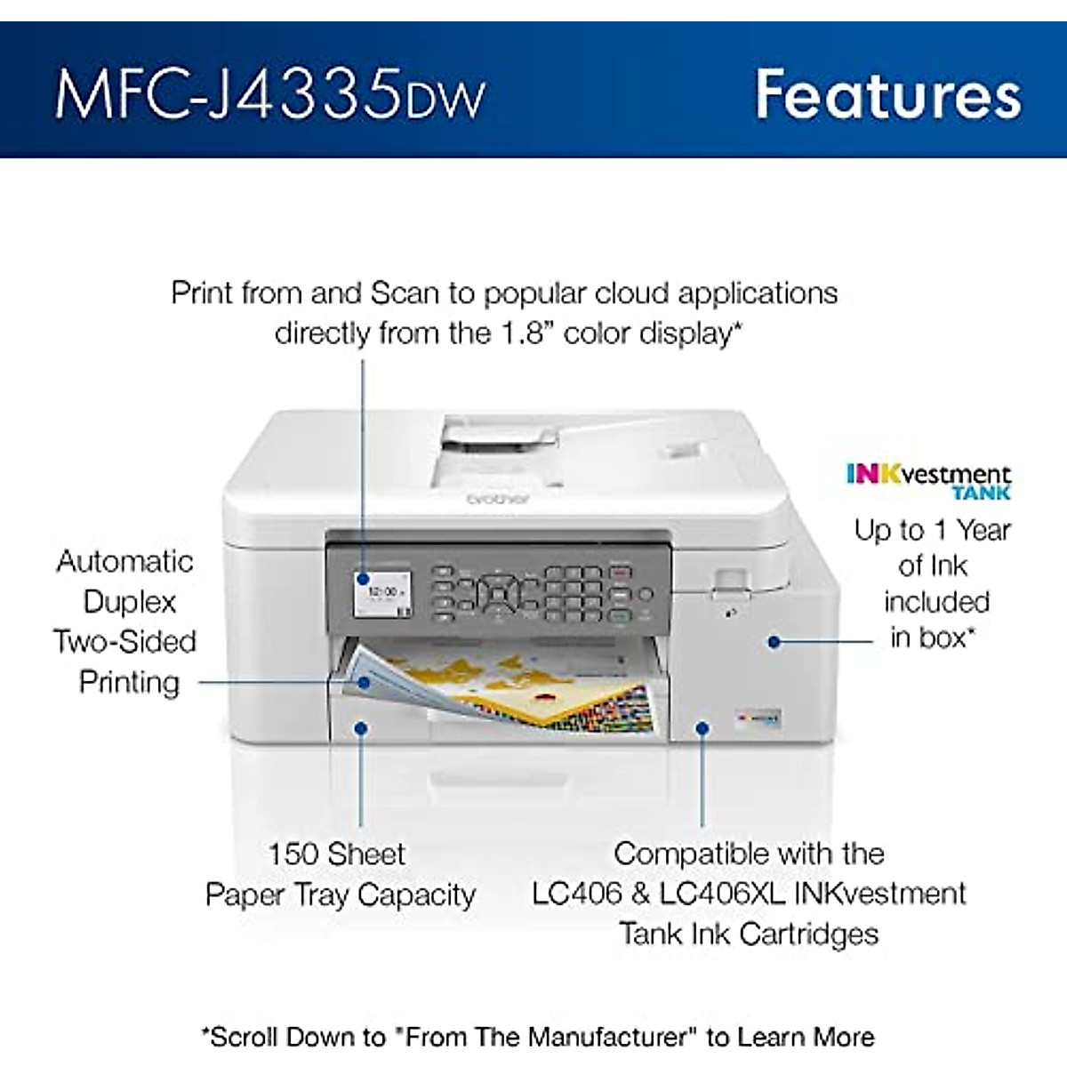 Brother MFC-J4335DW INKvestment Tank All-in-One Color Inkjet Printer, Print Scan Copy Fax, Auto Duplex Printing, Wireless Printing, 4800 x 1200 dpi, White, Bundle with Cefesfy Printer Cable