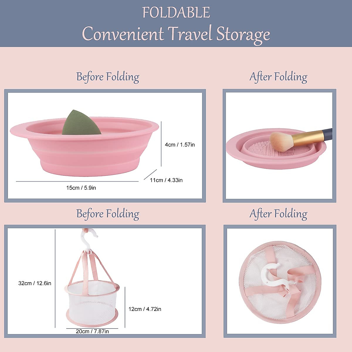 Makeup Brush Cleaning Mat & Hanging Drying Net, Foldable Silicone Makeup Brush Cleaner Brush Cleaning Pad cleaning bowl with Mesh Drying Rack Basket to dry Makeup Sponge, powder puff, brush (Pink)