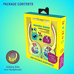 Volkano Wired Kids Headphones with Hearing Protection, Padded Lightweight Kiddy Headset, 85 dB Safe for Children, Girls/Boys, E-Learning, Travel, PC, Cellphones [Yellow/Green] Monster Kiddies Series