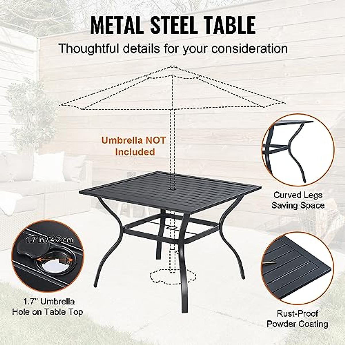 VEVOR 5 Pieces Patio Dining Set, Outdoor Furniture Table and Swivel Chairs Set, All Weather Garden Furniture Table Sets, Iron Patio Conversation Set with Umbrella Hole, For Lawn, Deck, Backyard, Black