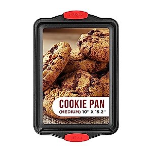 Nonstick Cookie Sheet Pan Carbon Steel Oven Tray Sheet Pan with Red Silicone Handles -Medium Bakeware Pan Tray with Gray Coating Inside & Outside