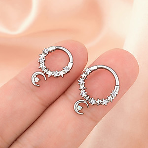 Melighting Septum Rings 16G Moon Septum Jewelry with Opal Clear CZ Surgical Steel 316L Star Helix Earring Dangle Daith Earrings Nose Rings Piercing for Women Men