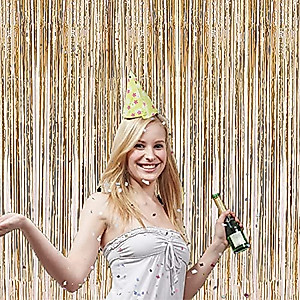 i-CHONY 2 Pcs 3.2ft x 8.2ft Champagne Gold Metallic Tinsel Foil Fringe Curtains Photo Booth Backdrop for Baby Shower Birthday Wedding Holiday Celebration Bachelorette Party Decorations