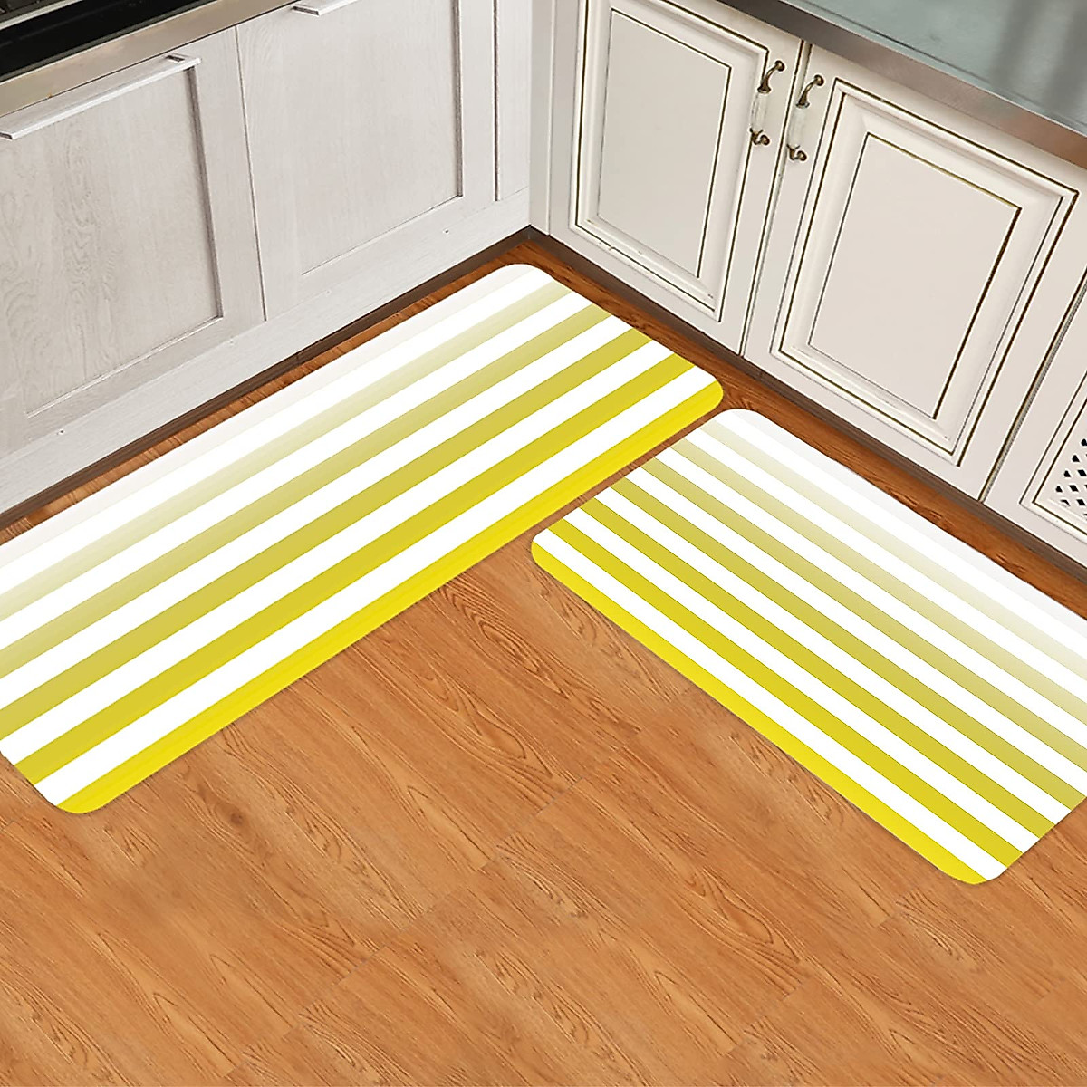 Yellow White Striped Kitchen Mat Set of 2, Cushioned Anti-Fatigue Kitchen Rugs, Waterproof & Non-Slipping Kitchen Mat for Floor, Durable Kitchen Rugs and Mats for Kitchen & Laundry, Gradient Color