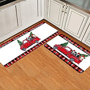 ArneCase Kitchen Mat Set of 2 Ultra Soft Felt Rugs,Christmas on The Farm A Red Truck Carrying Cows and Pine Trees Anti Fatigue Kitchen Rugs Memory Foam Carpets for Home,Sink,Laundry