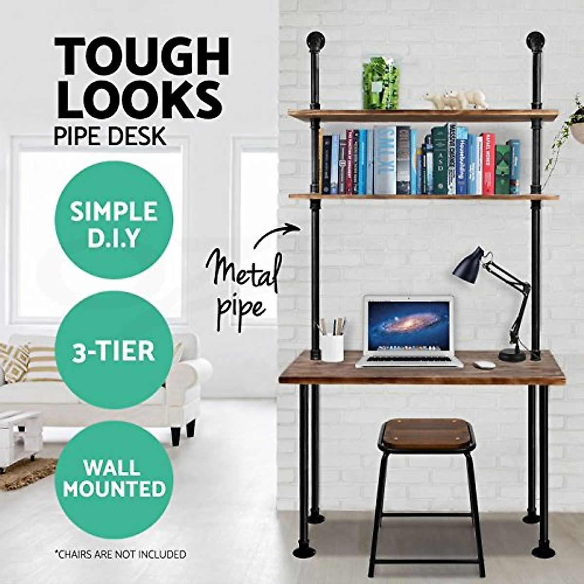 LOKKHAN 79-inch Industrial Laptop Desk Solid Wood Computer Desk Wall Pipe Desk with Shelves Computer Table for Home Office (L:40 inch)