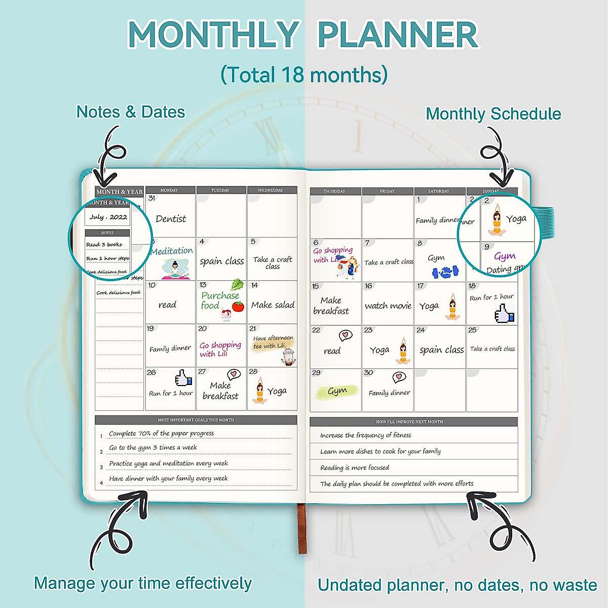 Soomeet Planner, Undated Weekly Planner, Goal Planner, Calendar Stickers, Faux Leather Cover, Time Management Manual and Planner, A5 Hardcover with Ruler, 200 Pages, Lake Blue