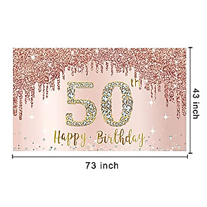 Happy 50th Birthday Banner Backdrop Decorations for Women, Rose Gold 50 Birthday Party Sign Supplies, Pink Fifty Birthday Poster Background Photo Booth Props Décor