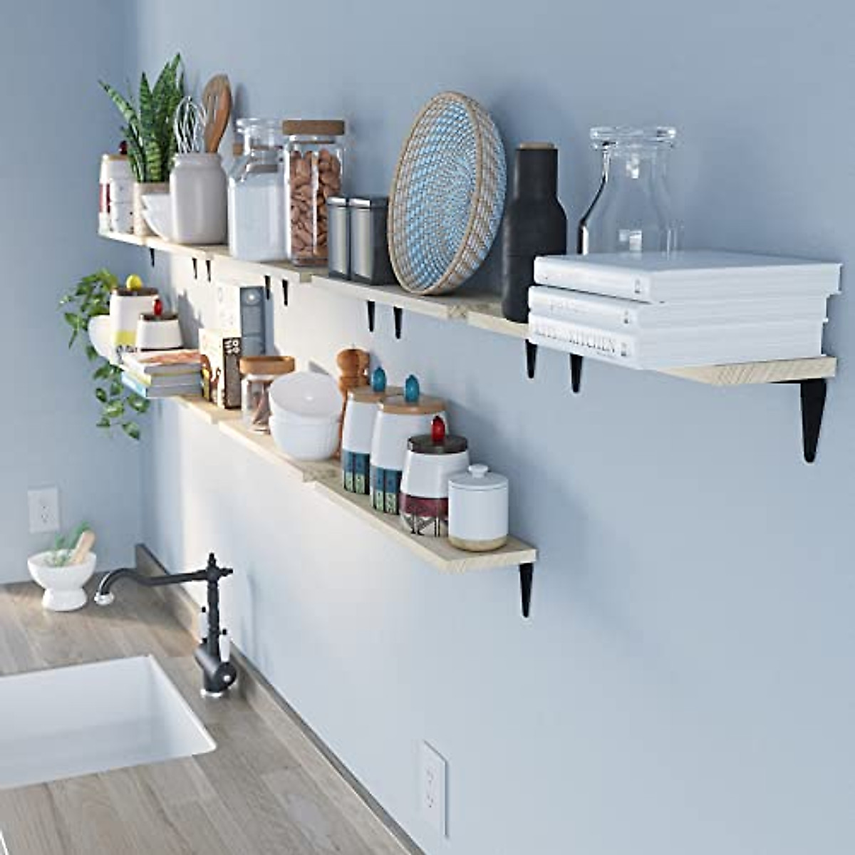 Wallniture Arras 17" Floating Shelves for Living Room Decor, Wall Bookshelf, Floating Shelf for Kitchen & Hallway, Bedroom Shelves for Storage Set of 9, Natural, Wood