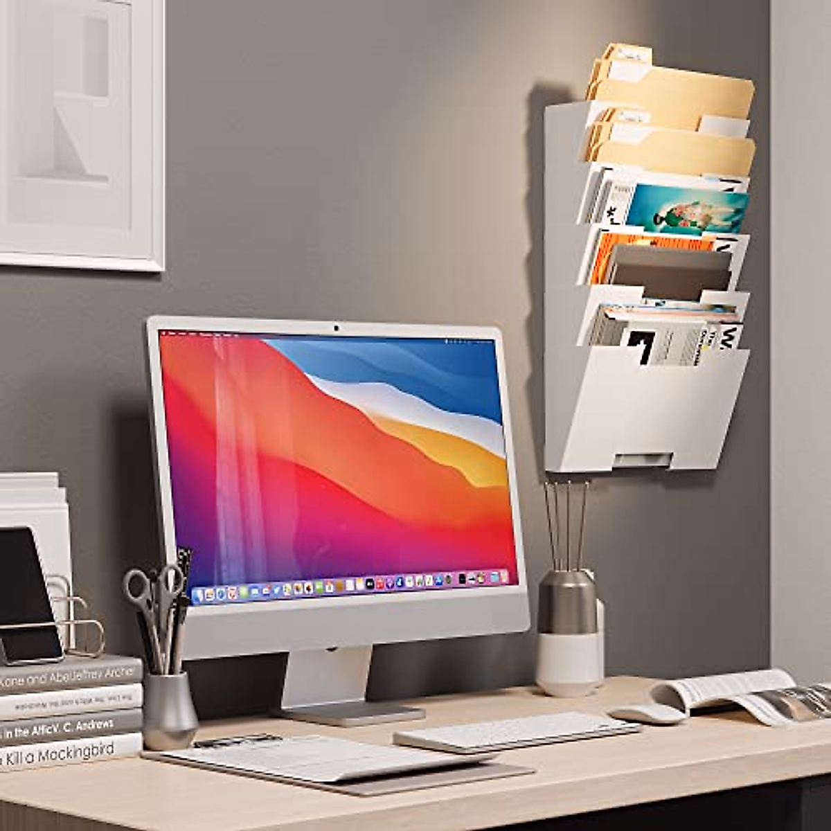 Wallniture Lisbon Metal Wall File Holder Organizer, Wall Mount File Holder, 5-Tier Office Decor and Magazine Holder, File Folders Letter Size White Rack