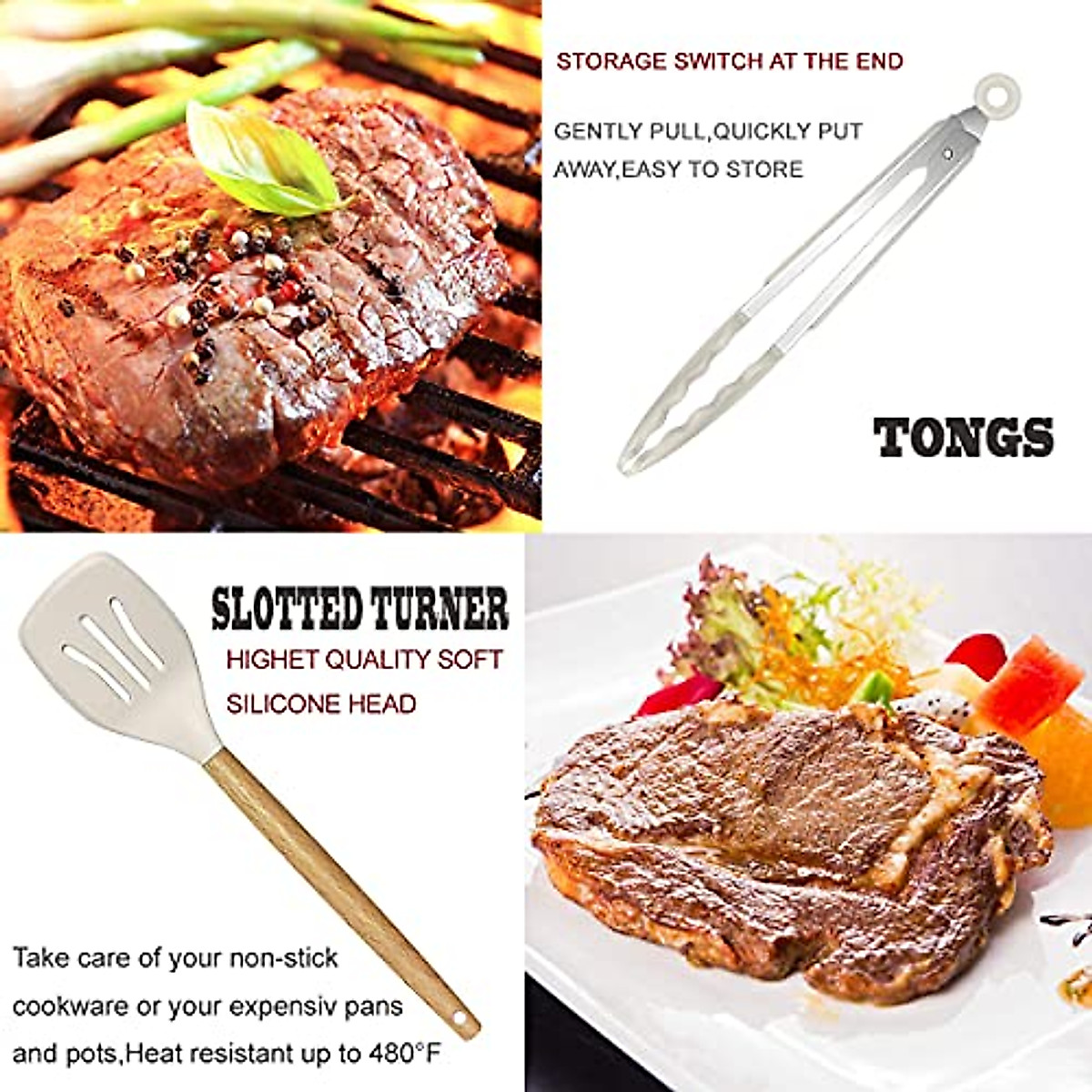 Kitchen Utensils Set- 35 PCs Cooking Utensils with Grater,Tongs, Spoon Spatula &Turner Made of Heat Resistant Food Grade Silicone and Wooden Handles Kitchen Gadgets Tools Set for Nonstick Cookware