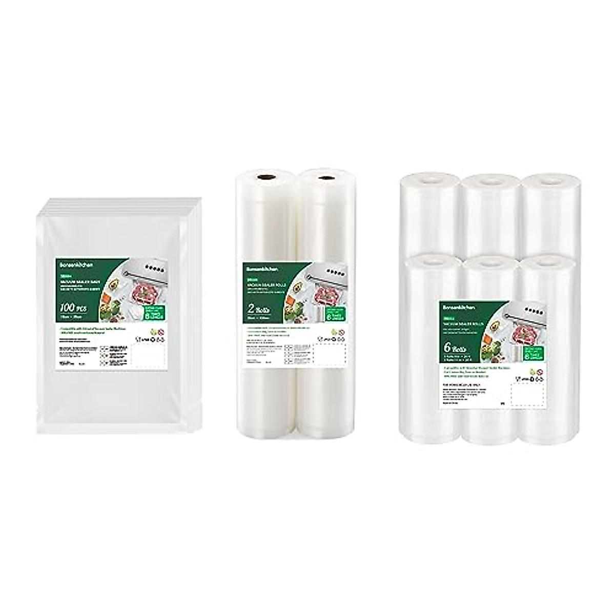 Bonsenkitchen Textured Food Vacuum Sealer Bags, 100 Quart 6" x 10', BPA Free, Thick Embossed, Commercial Grade for Food Storage and Sous Vide Cooking