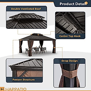 HAPPATIO 12' x 16' Hardtop Gazebo, Galvanized Steel Patio Double Roof Aluminum Gazebo with Curtains and Netting, Metal Permanent Pavilion Outdoor Gazebos for Patios, Gardens (Brown)