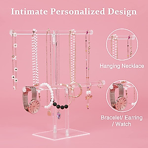 Jewelry Stand Necklace Holder, Acrylic Jewelry Display Holder, Necklace and Bracelet Hanging Organizer, Clear 2-Tier Tower Stand for Bangles, Necklaces, Bracelets, Rings, Earrings and Watch