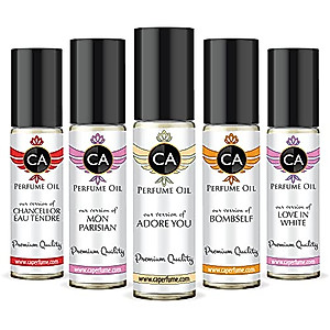 CA Perfume 2020 Most Attractive Women Set Impression of (Love in White + Bombself + Chancellor Tendre + Adore You+ Mon Parisian) Fragrance Body Oils Travel Size Roll-On (0.3 Fl Oz/10 ml) x5