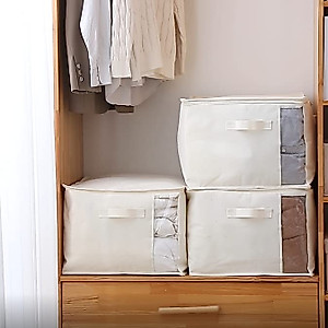 CHICVIE Canvas Comforters Bags Closet Organizers and Storage for Quilts Clothes Organization Containers Bins with Sturdy Zipper, Clear Window 75L for Sweaters Blankets Storage Bedroom Collapsible