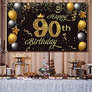 Crenics Happy 90th Birthday Backdrop Banner, Extra Large 90th Birthday Photo Background Banner, Gold Black 90th Birthday Decorations Party Supplies Banner for Women Men, 5.9 x 3.6 ft