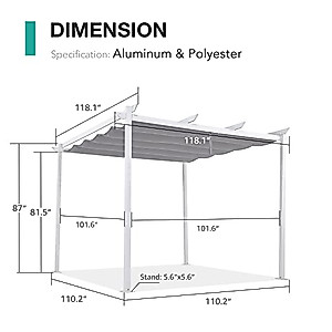 Patiorama 10’ x 10’ Outdoor Retractable Pergola with Sun Shade Canopy, White Patio Aluminum Shelter Grape Trellis, Patio Gazebo Pergola, Large Pavillion Grill for Garden Porch Yard BBQ (Gray)