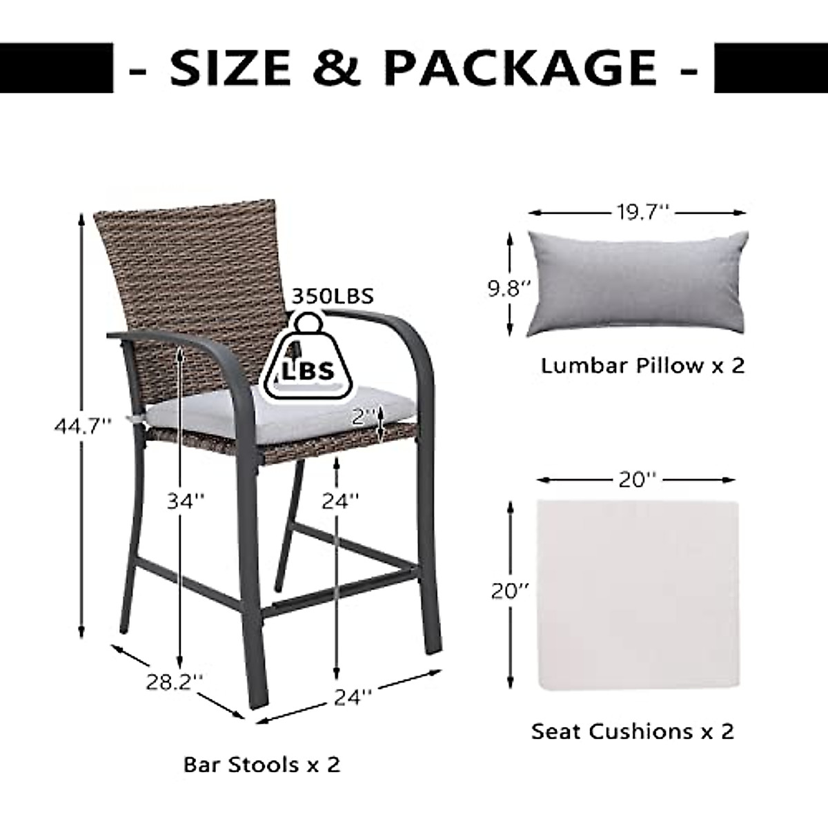 Olmia Outdoor Bar Stools Set 0f 2, 2 PC Wicker Bar Stools Rattan Patio Bar Stools with Gray Cushions and Pillows, Brown Outside Bar Rattan Counter Stools with Foot-Rest - Steel Frame