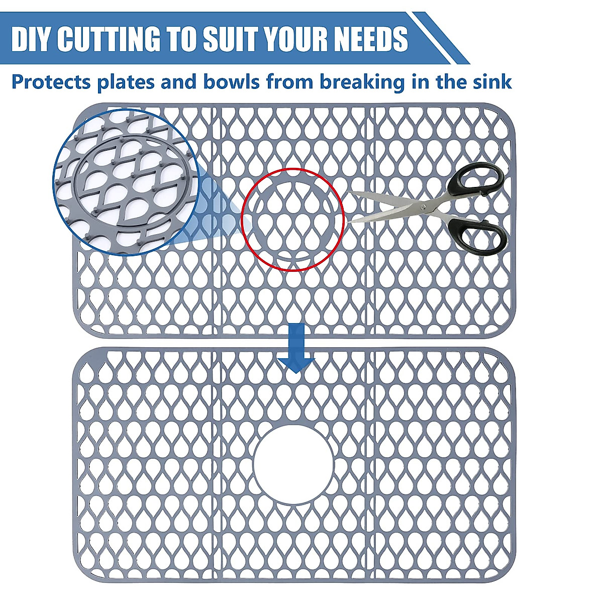 HUMUMU Sink Protectors for Kitchen Sink 26" x 14", Grey Non-Slip Sink Mats for Bottom of Kitchen Sink，Collapsible-Cuttable Silicone Sink Mat for Farmhouse Stainless Steel Porcelain Sink（Center Drain）