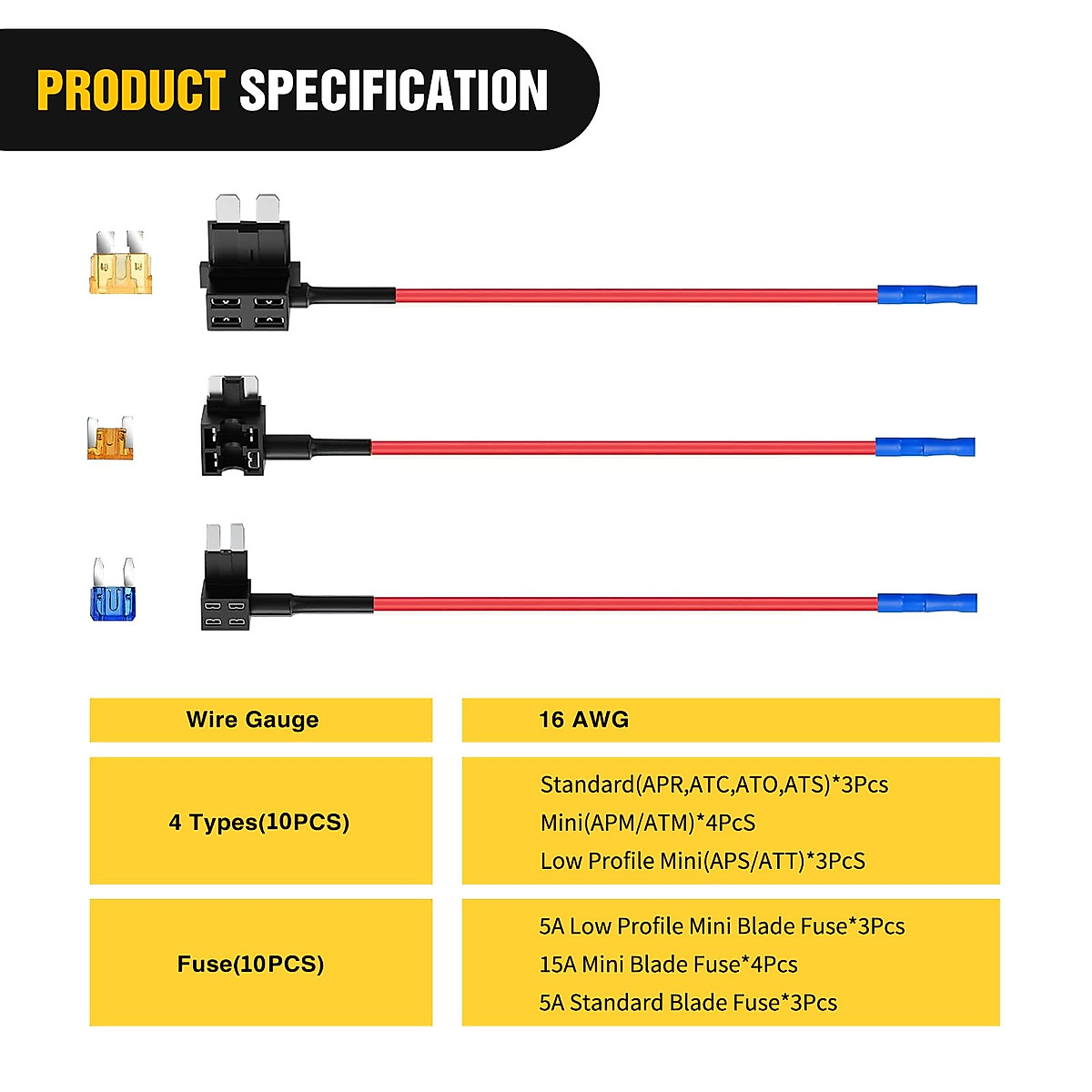 Nilight - 50040R 12V Car Add-a-Circuit Fuse Adapter with Standard and Mini TAP Profile TAP Blade Fuse for Cars Trucks Boats, 10 Pack Fuse Holder-3 types, 2 Years Warranty,Blue, Red, Black