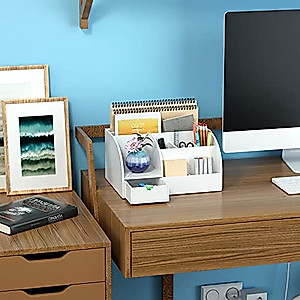 FEMELI Office Desk Organizer and Accessaries,Acrylic Desk Organizer with 8 Compartments +1 Drawer(White)