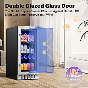 Yeego Beverage Refrigerator, 15 Inch Beverage Fridge, 80 Cans Beer Fridge with Advanced Cooling System(34-54°F), Built-in or Freestanding for Drink Soda Wine Water, Quiet Operation