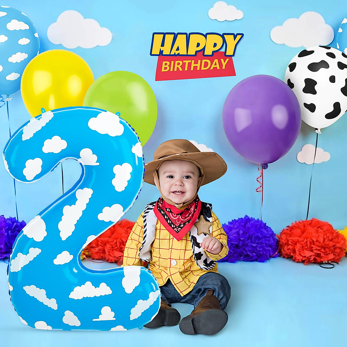Toy Cartoon Story Balloons Toy Cartoon Story Birthday Party Supplies Decorations Gaint 40 Inch Mylar Foil Blue Sky Cloud Number 2 Balloons for Garland Arch Kit Kids 2nd Baby Shower Farm Party Favor(2)