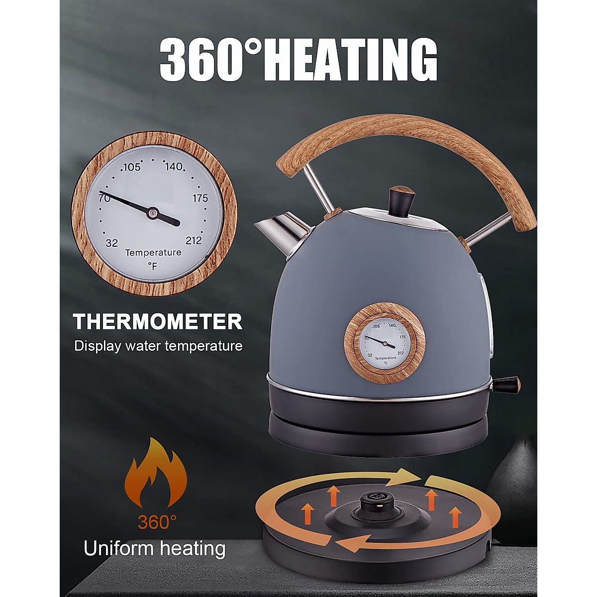 Retro Electric Kettle, 1.7L / 1500W Electric Tea Kettles for Boiling Water, Wood Pattern Handle Blue Stainless Steel Hot Water Boiler with Temperature Display, Auto Shut-off Boil-Dry Protection