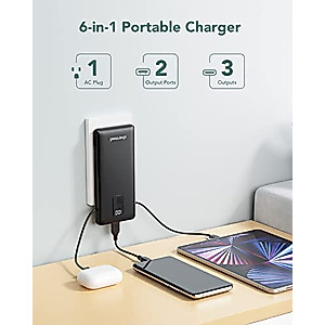 Charmast Portable Charger with Built-in Cables, 10000mah Power Bank, 5 Output Ultra Slim LED Display, Built-in AC Plug, USB C & Micro, Three Cables Integrated Battery Pack for iPhone Samsung iPad