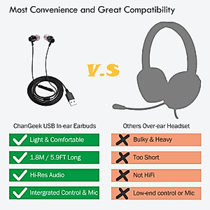 C G CHANGEEK USB Earbuds for Computer, in-Ear USB Headphones with Microphone & 1.8M Long Cord, USB-A Headset Compatible with Laptop, Desktop PC, Notebook, Chromebook, CGS-W1B [Microphone Upgraded]