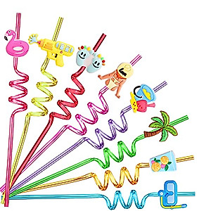 24 Summer Party Favors Reusable Drinking Straws for Kids Beach Pool Summer Birthday Party Supplies Decorations with 2 PCS Cleaning Brushes