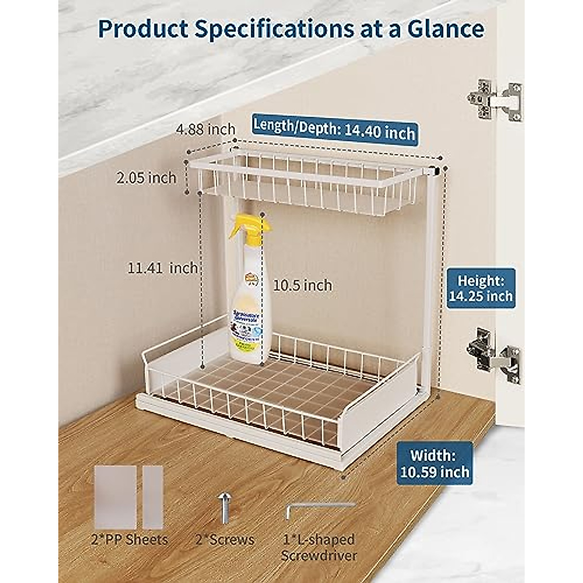 Zyerch Under Sink Organizer,Metal Pull Out Kitchen Cabinet Organizer with Sliding Drawer,Sturdy Multi-Functional for Bathroom Organization,White