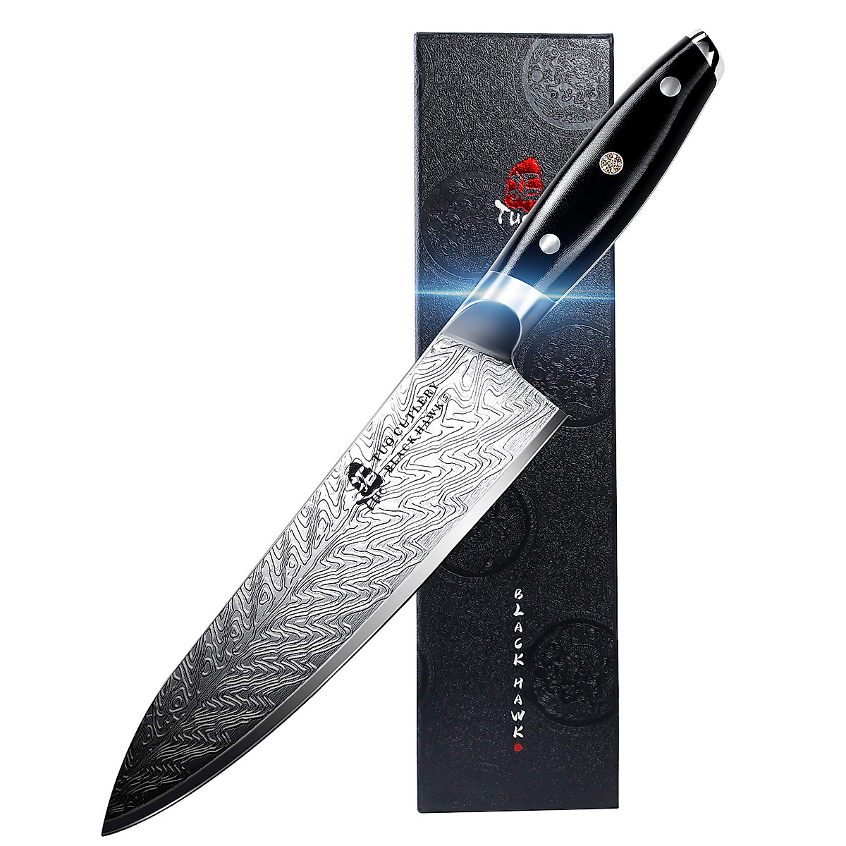 TUO Chef Knife - Kitchen Knives 8-inch High Carbon Stainless Steel - Pro Chef Vegetable Meat Knife with G10 Full Tang Handle - Black Hawk-S Series Knives Including Gift Box