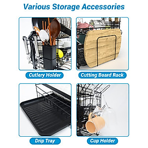 3 Tier Dish Drainer Rack for Kitchen Counter, Large Capacity Dish Drying Rack with Drainboard,Cup Holder,Cutting Board Rack and Cutlery Holder,Detachable Stainless Steel Dish Drying Rack for Kitchen