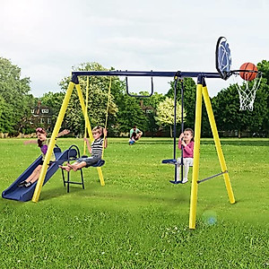 5 in 1 Outdoor Toddler Swing Set for Backyard, Playground Swing Sets with Steel Frame, Swing n' Slide Playset for Kids with Seesaw Swing, Basketball Hoop