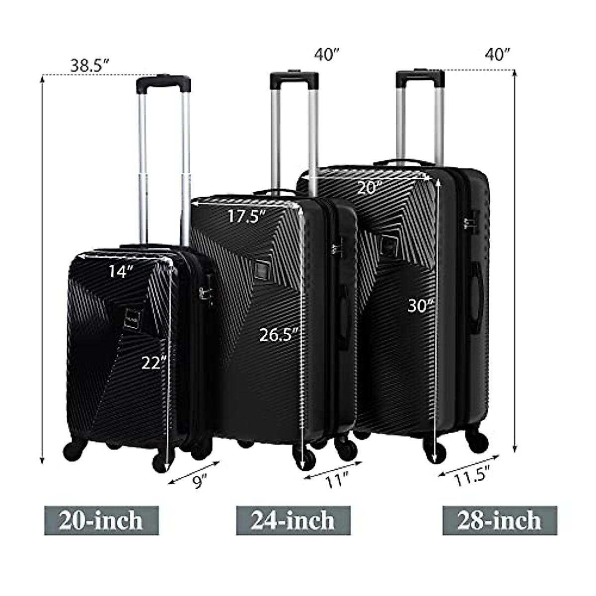 VLIVE HardShell Luggage Set with Spinner Wheel, 3 Pieces Suitcase Set with TSA Lock, Expandable Travel Suitcase Set (Black)