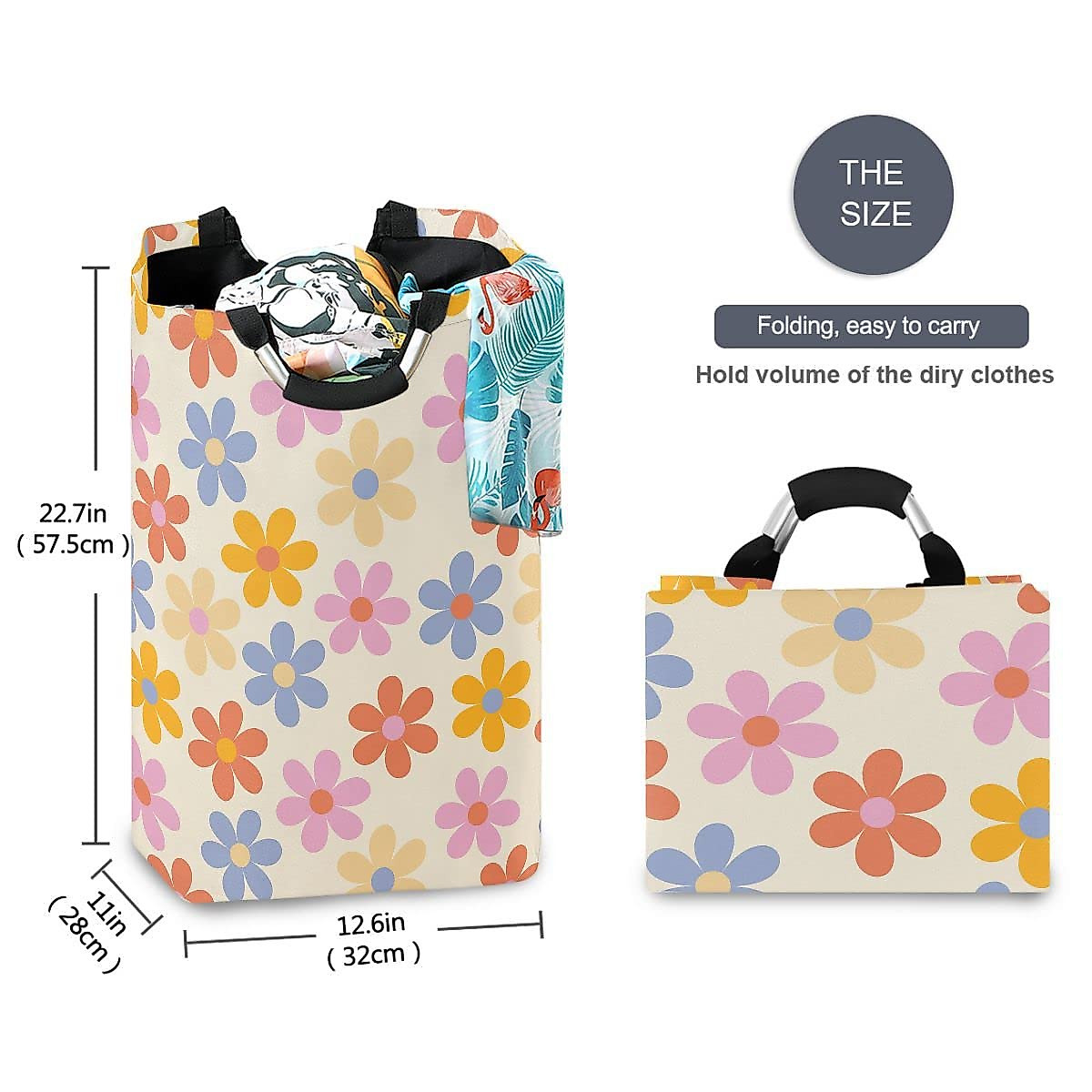 Aslsiy Floral 70s Laundry Basket Groovy Daisy Flowers Laundry Hamper with Handles Waterproof Clothes Bucket Washing Bin Dirty Baskets Toy Storage for Home College Dorm Bathroom 50L