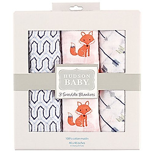 Hudson Baby Unisex Baby Cotton Muslin Swaddle Blankets, Foxes, 3-Pack