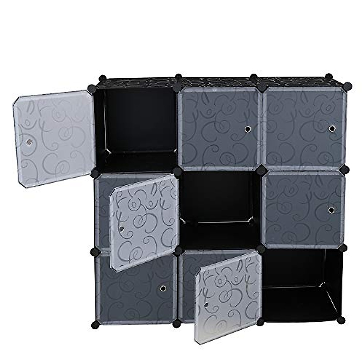 VINGLI Cube Storage, 9 Cube Organizer Shelves, Plastic Closet Cabinet, DIY Modular Storage Cube Organizer with Doors for Bedroom Living Room Office, Black