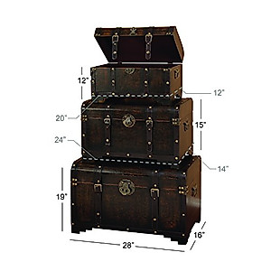 Deco 79 Wood Nesting Upholstered Trunk with Vintage Accents and Studs, Set of 3 28", 24", 20"W, Brown