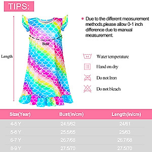 Fiodrimy Girls Nightgowns Unicorn Sleepwear Night Sleep Dress Pajamas Little Kids Toddler Soft Nightgown (Rainbow Mermaid, 4-5 Years)