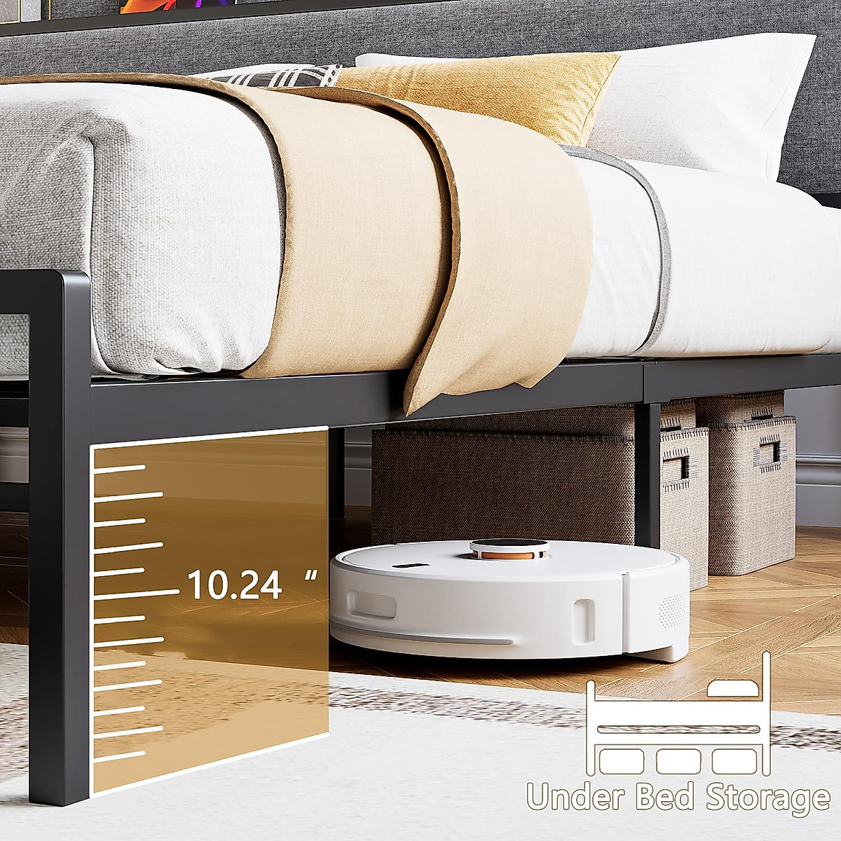 Queen Size Bed Frame with 2 Storage Drawer and Charging Station, Upholstered Platform Bed with Headboard Shelf, USB Port & Outlets, No Box Spring Needed, Easy Assemble, Grey