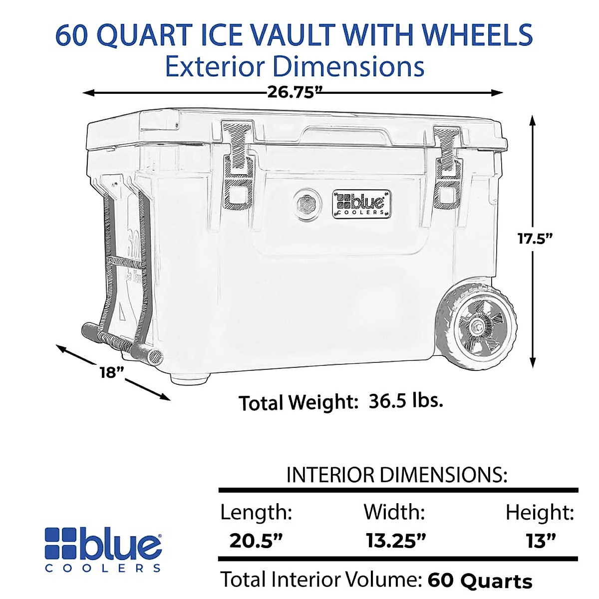 Blue Coolers Ice Vault – 60 Quart, Roto-Molded Ice Cooler with Wheels | Large Ice Chest Holds Ice up to 10 Days | Trademark Blue