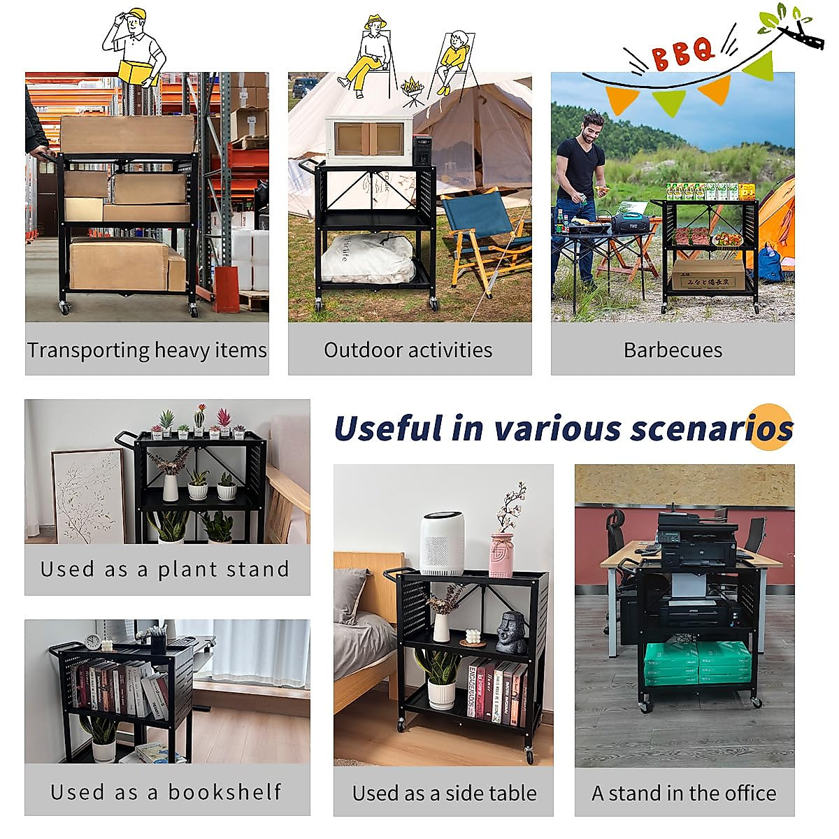 Lumizone 3-Tier Foldable Rolling Tool Cart with Wheels, Utility Cart with Pegboard for Garage Organizer and Tool Storage, Power Tool Storage Cart on Wheels (Tool Cart)