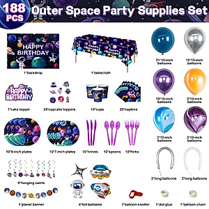 HJINGY Outer Space Party Decorations, Space Themed Party Supplies Include Space Balloons, Backdrop, Galaxy Banner, Hanging Swirls, Tablecloth, Plates, Cups, Cake Toppers for Space Birthday Decorations