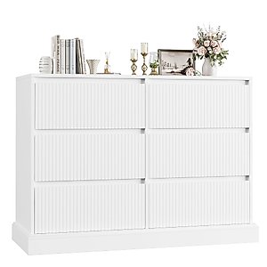 HOSTACK White Dresser for Bedroom, Modern 6 Drawer Dresser, Double Dresser Chest of Drawers with Wavy Pattern | Handleless Drawers, Wood Storage Dresser Cabinet for Living Room, Hallway, Entryway