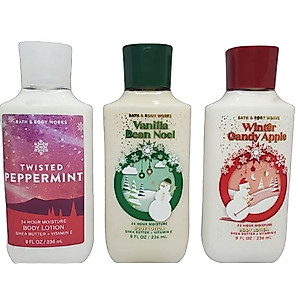 Bath and Body Works Holiday Traditions Christmas Lotion Gift Set of 3 Full Size Body Lotions: Vanilla Bean Noel, Winter Candy Apple, and Twisted Peppermint (Large 8 ounce bottles)