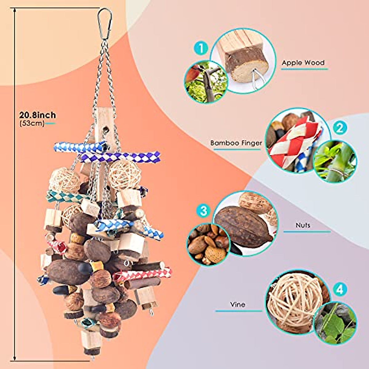 Bissap Large Parrot Chew Toys, 20.8in Bird Parrot Hanging Bite Wooden Blocks Cage Fun Toy for Macaw African Greys Cockatoo Eclectus Budgies Parakeet Cockatiel ect Large Medium Birds