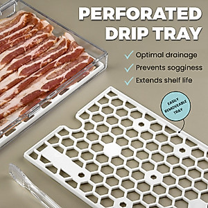 GlossyEnd Bacon Keeper Storage Container with Tong, Deli Meat Storage Container with Perforated Tray for Freshness, Clear Durable Plastic - Dishwasher and Freezer Safe - Size: 11” x 6.5” x 2”